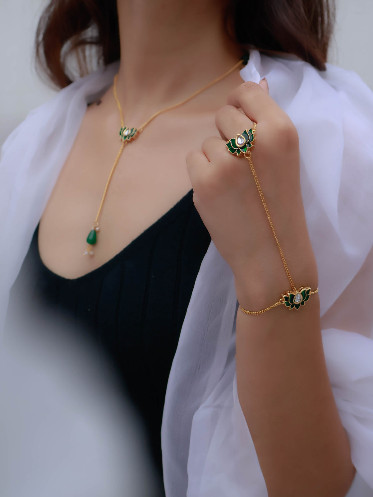 Mayflower Green Lotus Necklace and Hathphool Set – Kaashnii